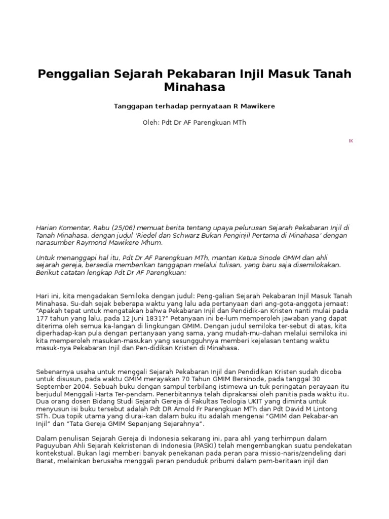 Penggalian Sejarah Pekabaran Injil Masuk Tanah Minahasa | PDF | Agama ...