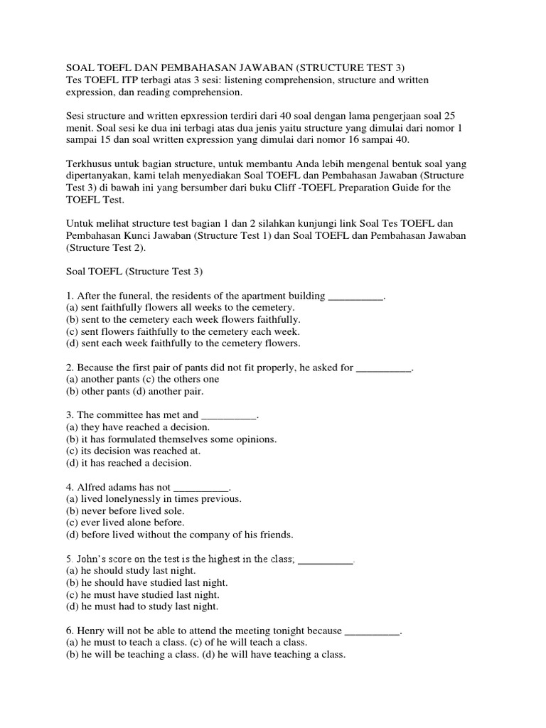 Soal dan Jawaban TOEFL Structure 3 | PDF | Test Of English As A Foreign ...