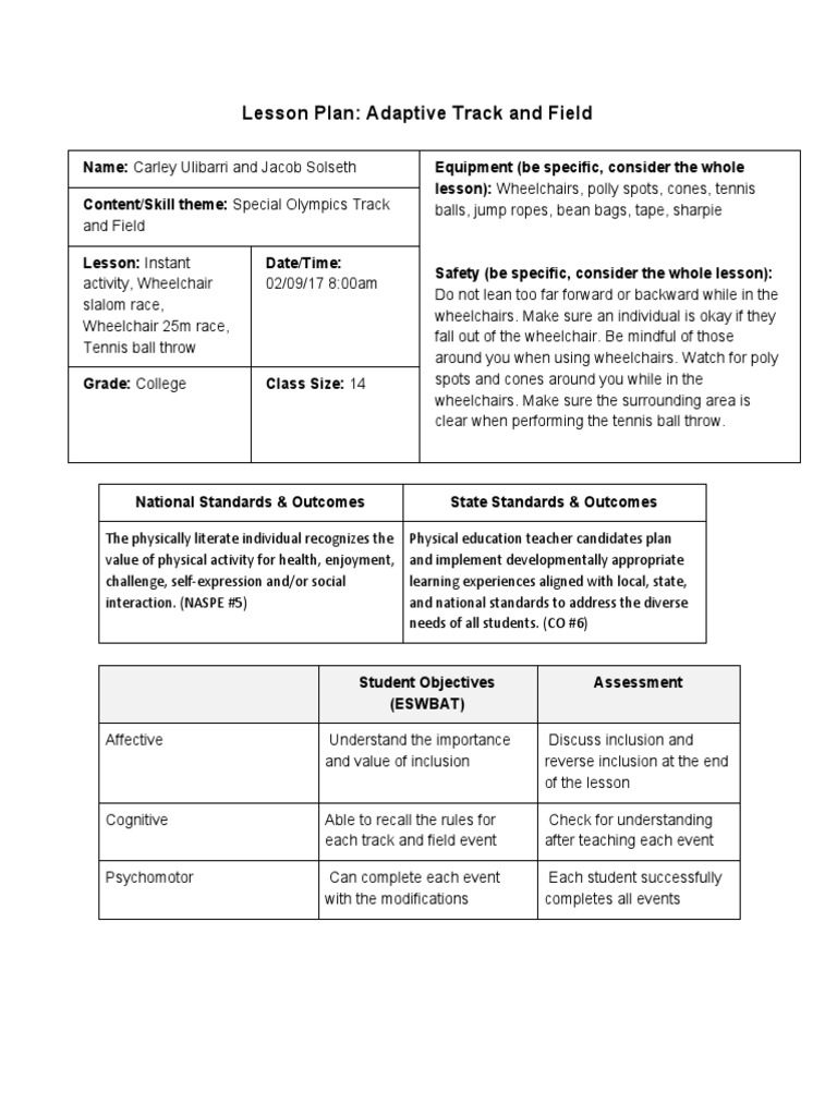 Lesson Plan: Adaptive Track and Field | PDF | Inclusion (Education ...