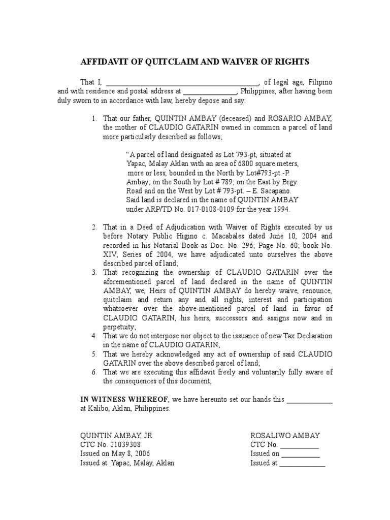Affidavit of Quitclaim | Affidavit | Common Law