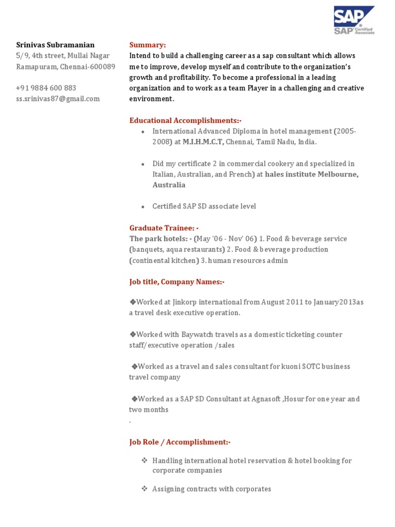 Srinivas Subramanian CV 2 | PDF | Invoice | Sales