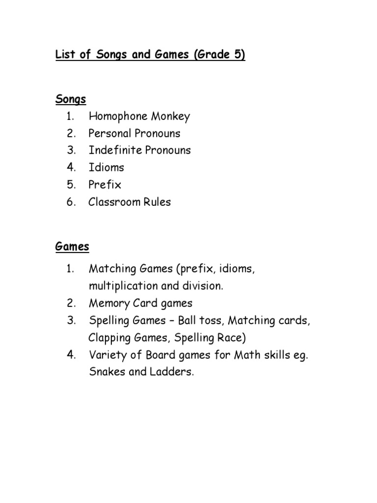 Grade 5 Songs & Games List | PDF | Morphology | Language Mechanics