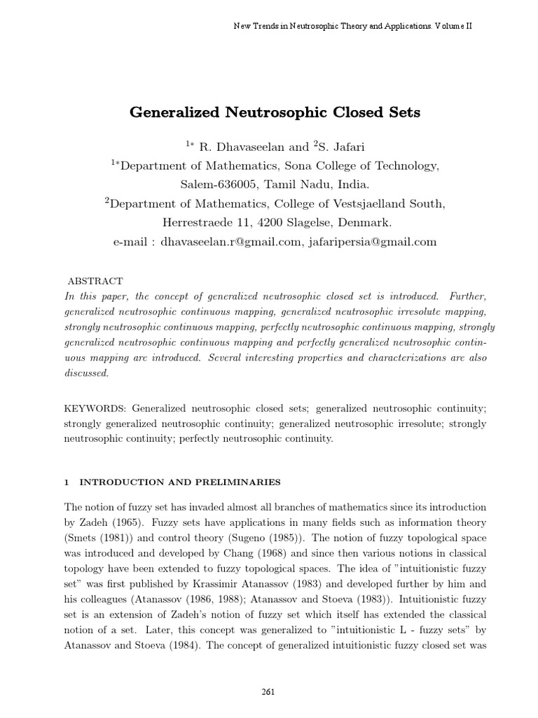 Generalized Neutrosophic Closed Sets | PDF | Continuous Function | Mathematical Logic