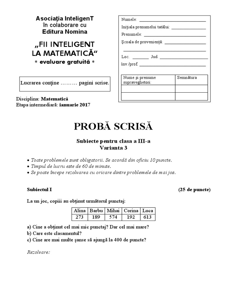 Modele Subiecte Concurs Fii InteligenT Clasa A III A Var. 3 | PDF