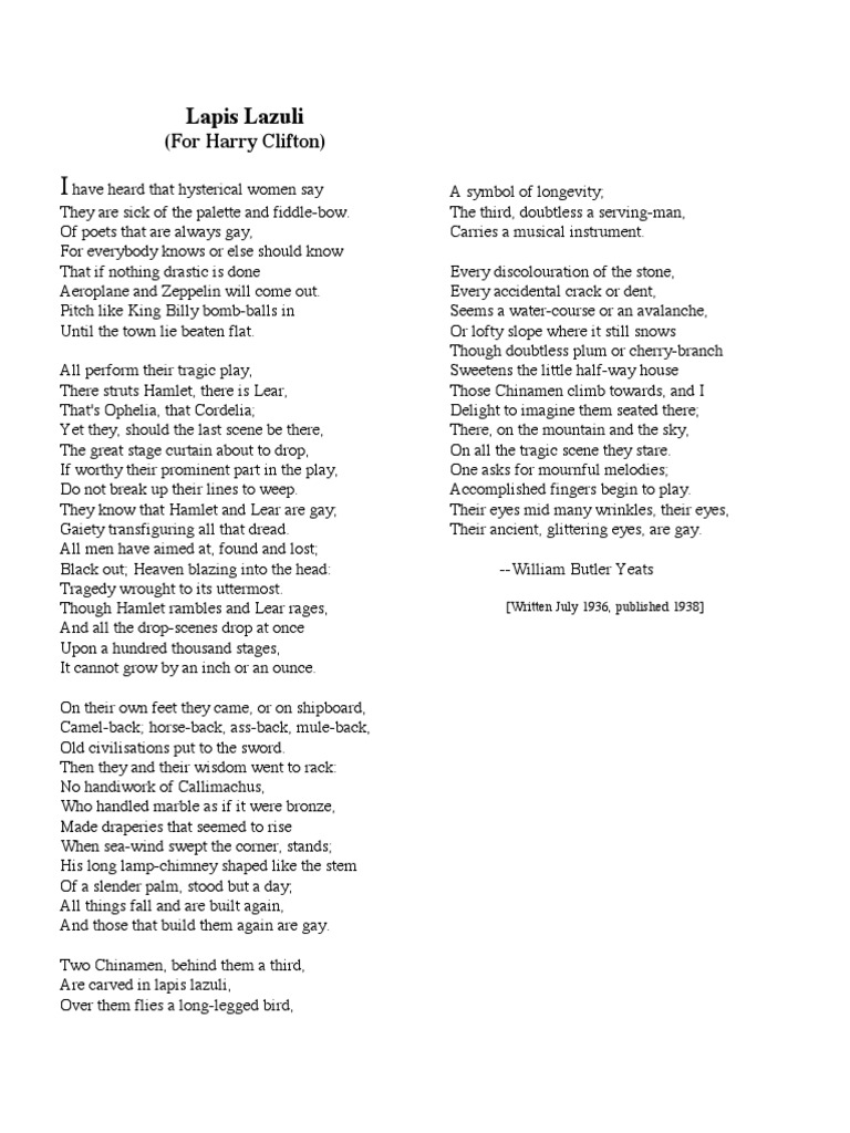 Lapis Lazuli Lapis Lazuli Poem Summary | PDF