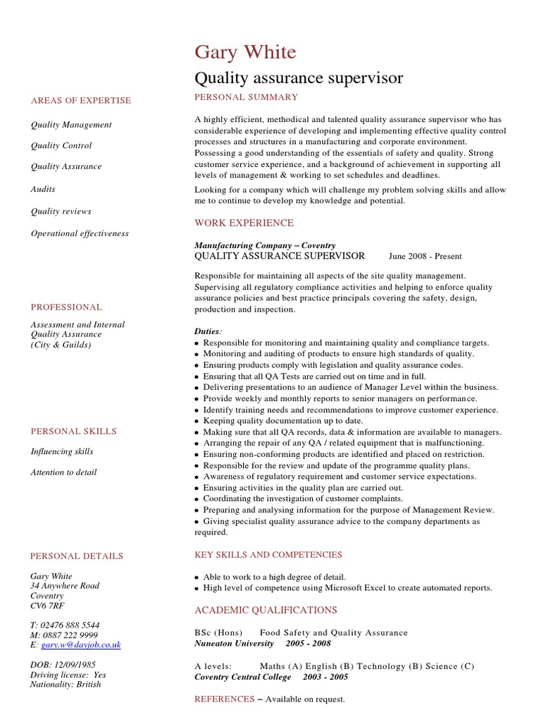 Quality Assurance CV Template PDF | PDF | Quality Assurance | Quality ...
