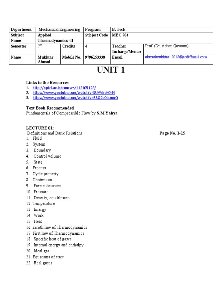 Applied Thermodynamics-II BTech 7th Mechanical UNIT 1 | PDF | Shock Wave | Fluid Dynamics