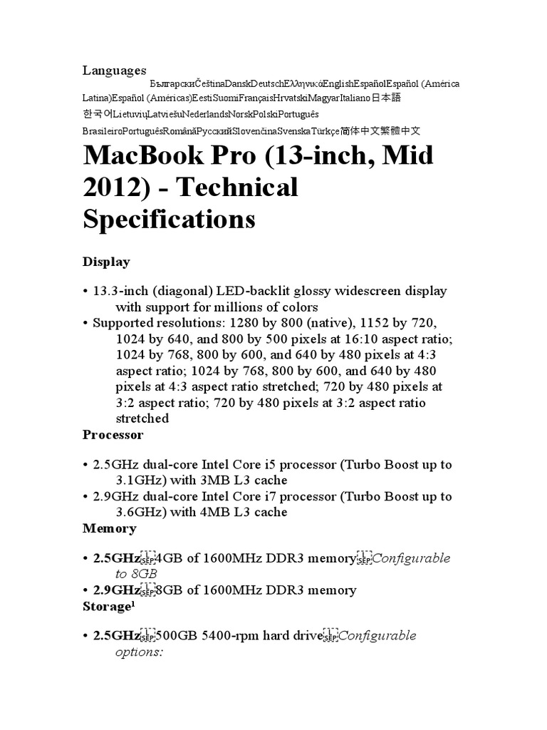 Macbook Pro (13-Inch, Mid 2012) - Technical Specifications: Display ...