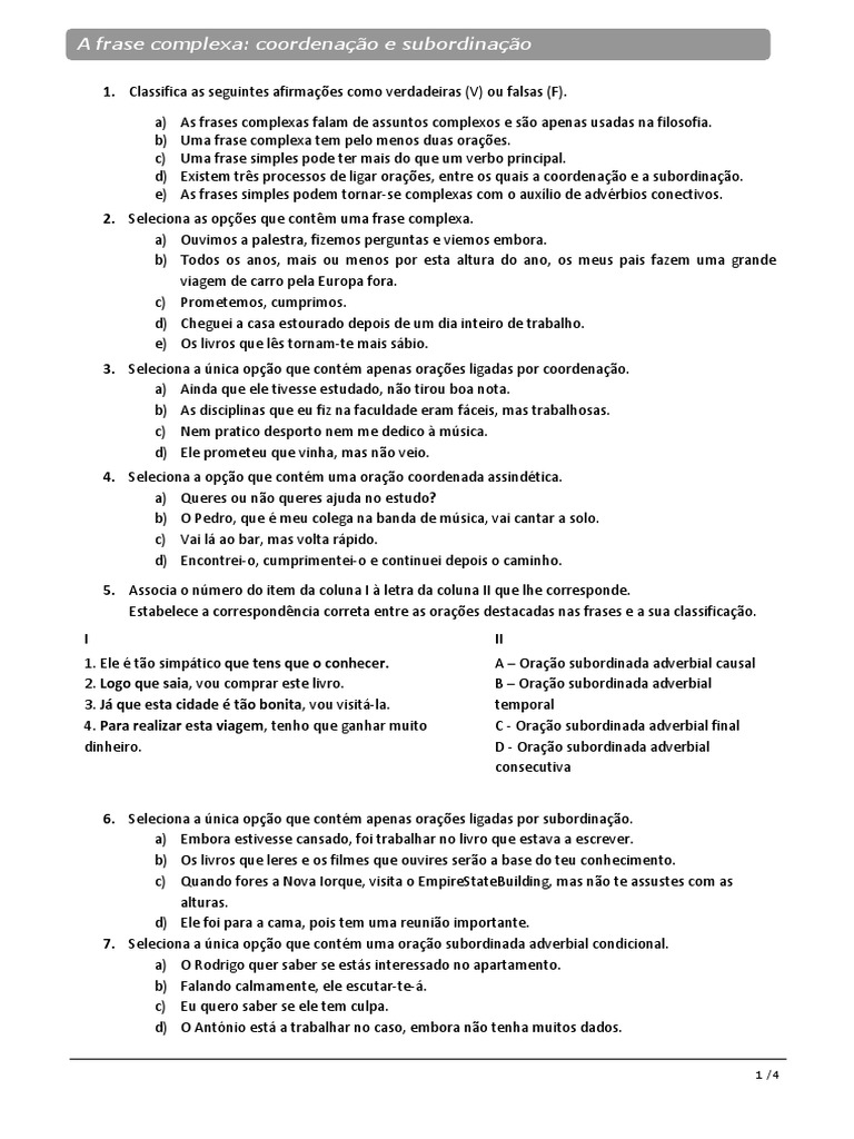 A estrutura da frase complexa: coordenação e subordinação | PDF ...