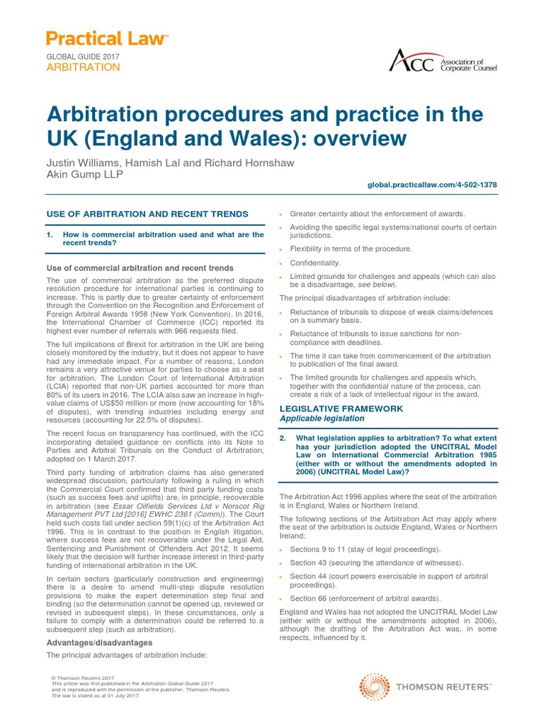 Arbitration Procedures and Practice in The UK England and Wales ...