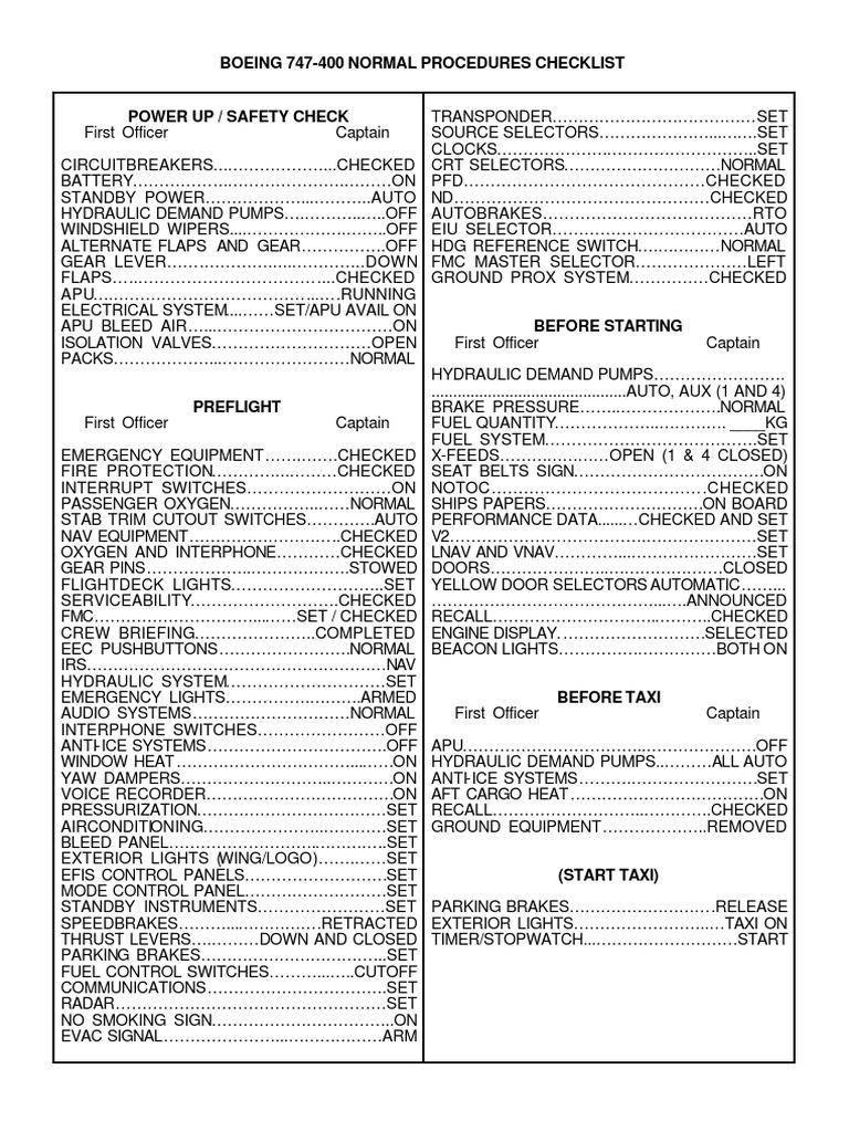 Boeing 747-400 Normal Procedures Checklist PDF | PDF | Takeoff ...