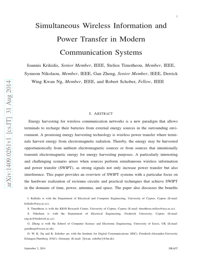 Simultaneous Wireless Information and Power Transfer in Modern Communication Systems | PDF ...