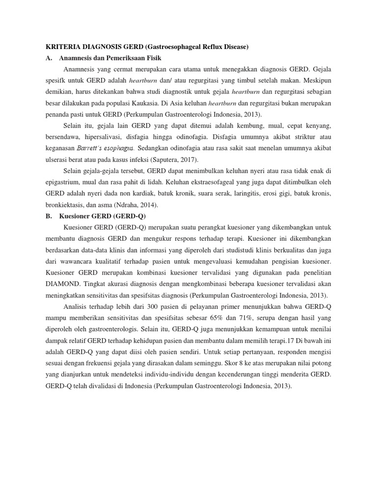 Kriteria Diagnosis Gerd (Gejala Tanda-Gerdq-Pemeriksaan Penunjang) | PDF