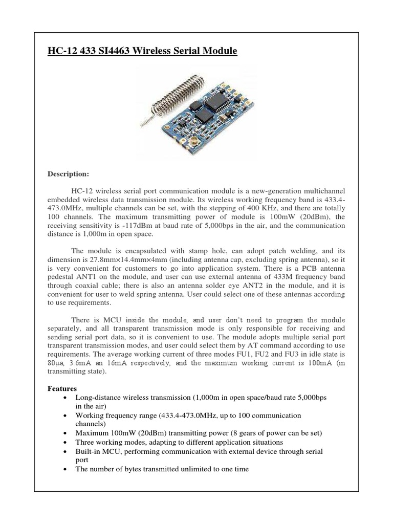 HC 12 433 Si4463 Wireless Serial Module | PDF | Bit Rate | Radio