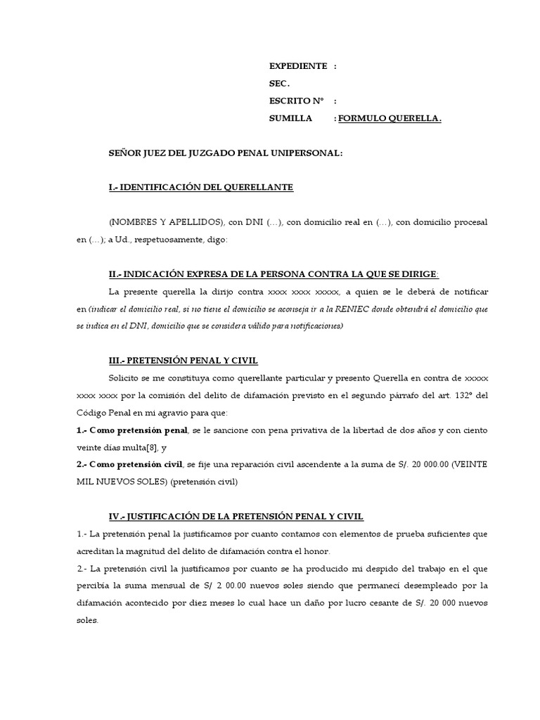 Formulo Querella Penal | Descargar gratis PDF | Derecho penal | Queja
