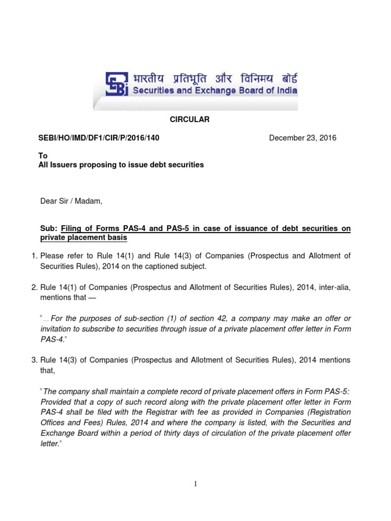 23 12 16 - SEBI Circular - Filing of Forms PAS-4 & PAS-5 | PDF ...