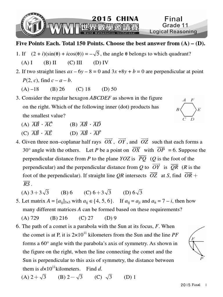 2015 WMI Grade 11 Questions Part 1 | PDF | Line (Geometry) | Geometric ...