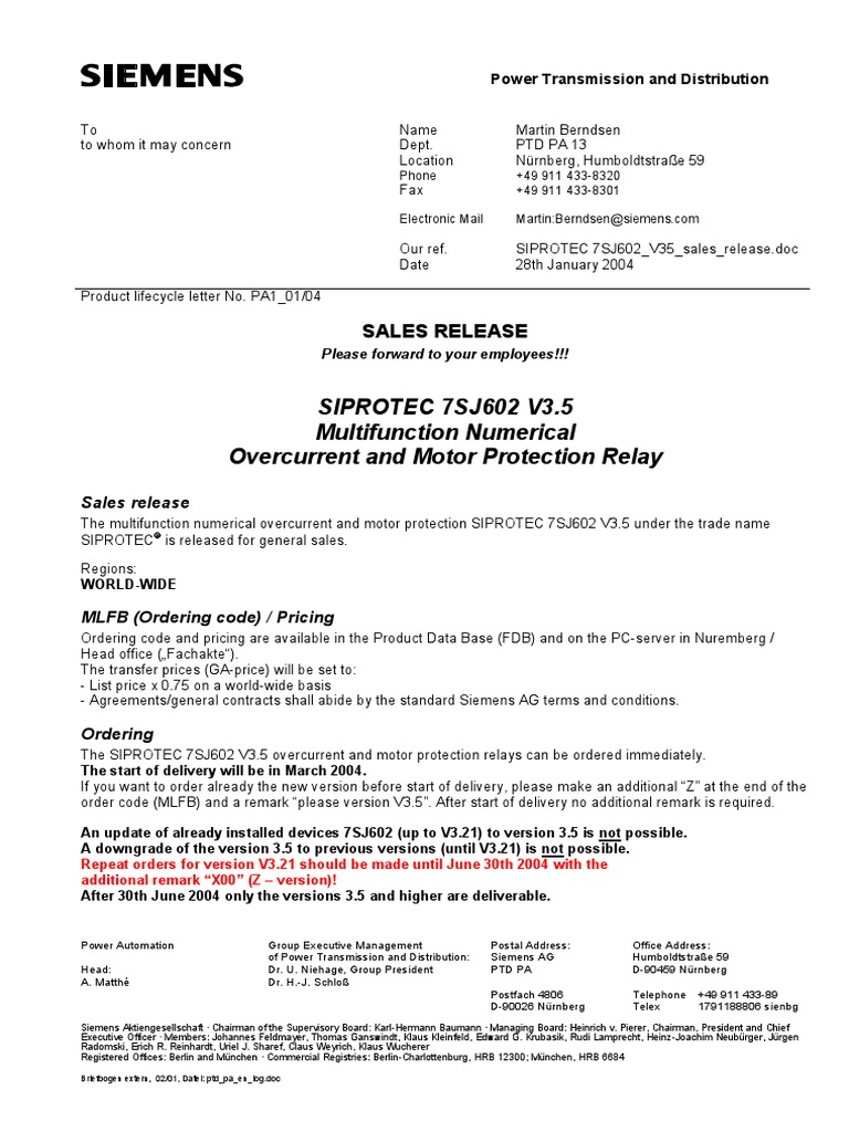 SIPROTEC 7SJ602 V3.5 Sales Release | PDF | Relay | Power Engineering