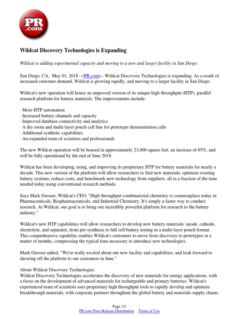Wildcat Discovery Technologies Is Expanding | PDF | Battery ...