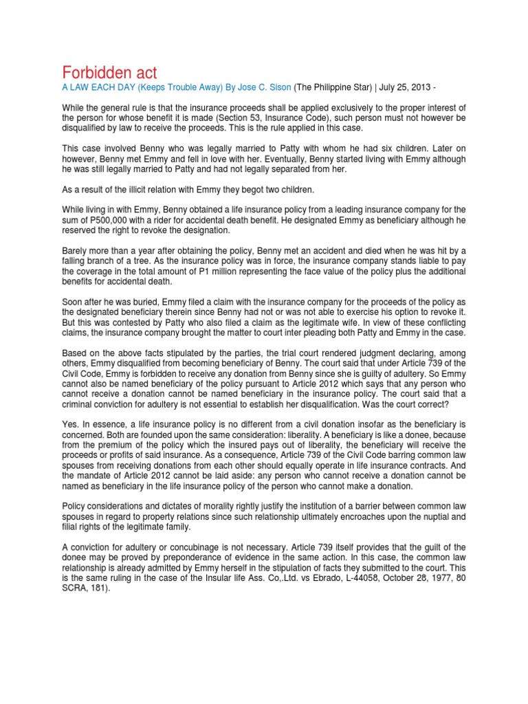 Forbidden Act: A LAW EACH DAY (Keeps Trouble Away) by Jose C. Sison ...