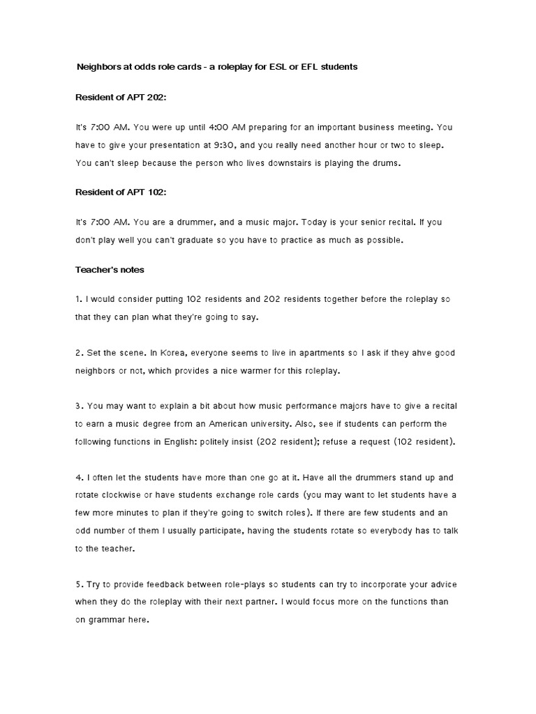 Neighbors at Odds Role Cards | PDF | Waiting Staff | English As A ...