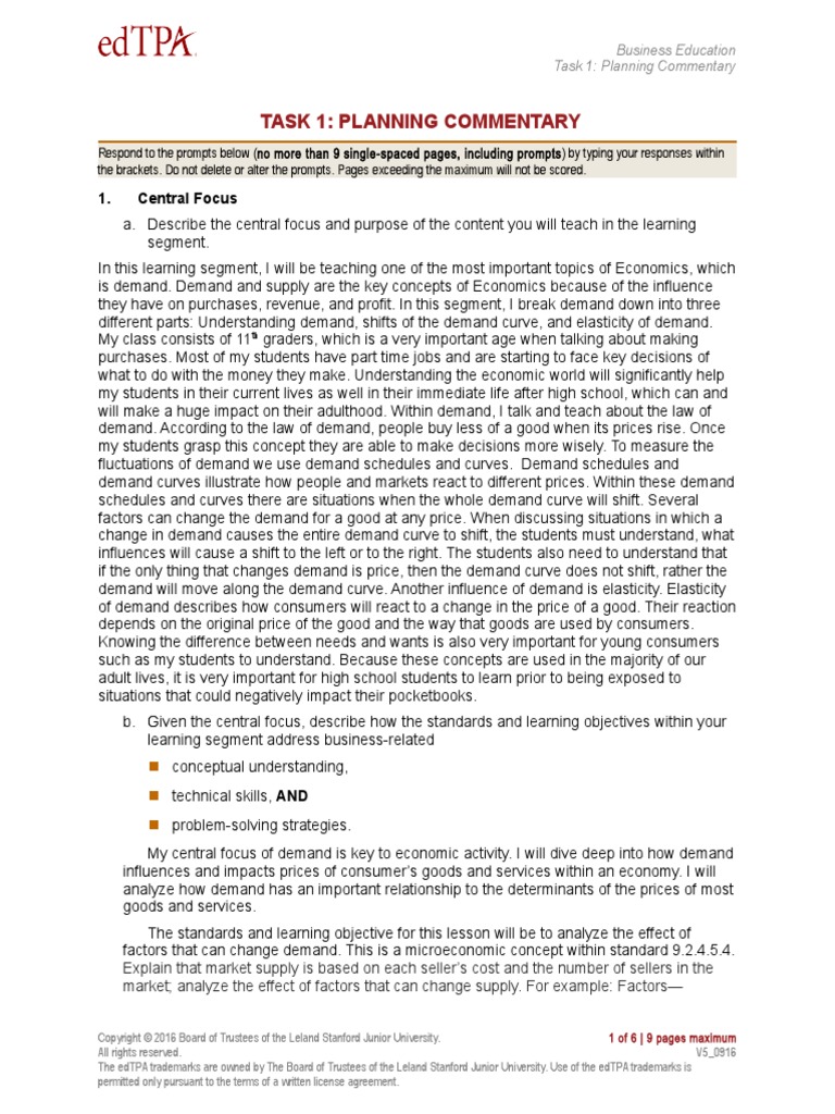 Edtpa Business - Planning Commentary | PDF | Demand | Supply And Demand