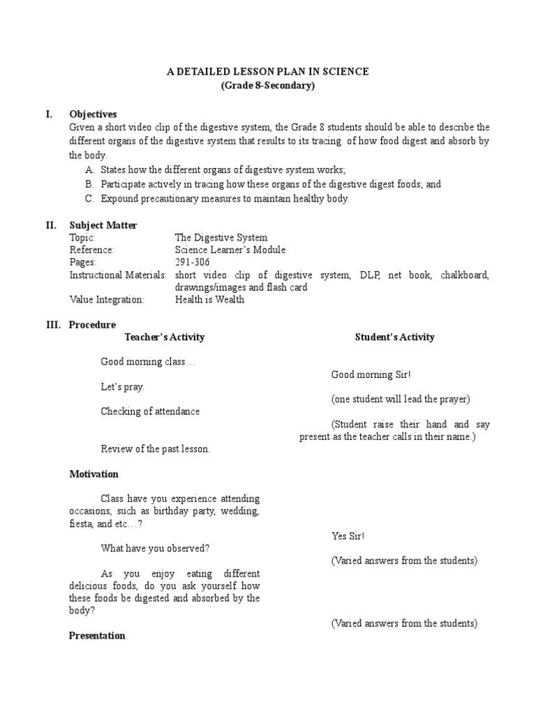 A Detailed Lesson Plan in Science | PDF | Digestion | Human Digestive ...