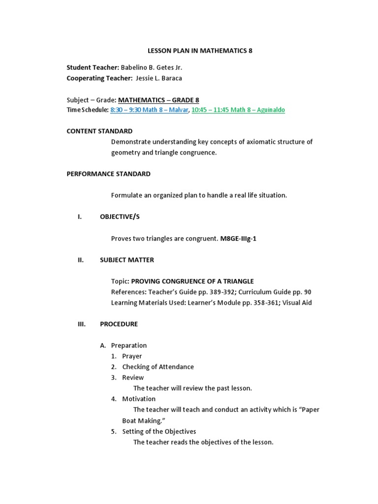 Lesson Plan in Mathematics 8 | PDF | Lesson Plan | Teaching Mathematics