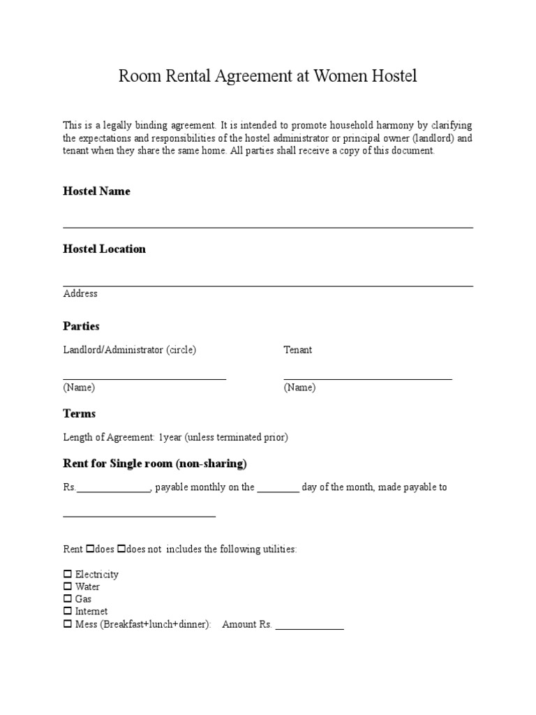 Women Hostel Room Rental Agreement | PDF