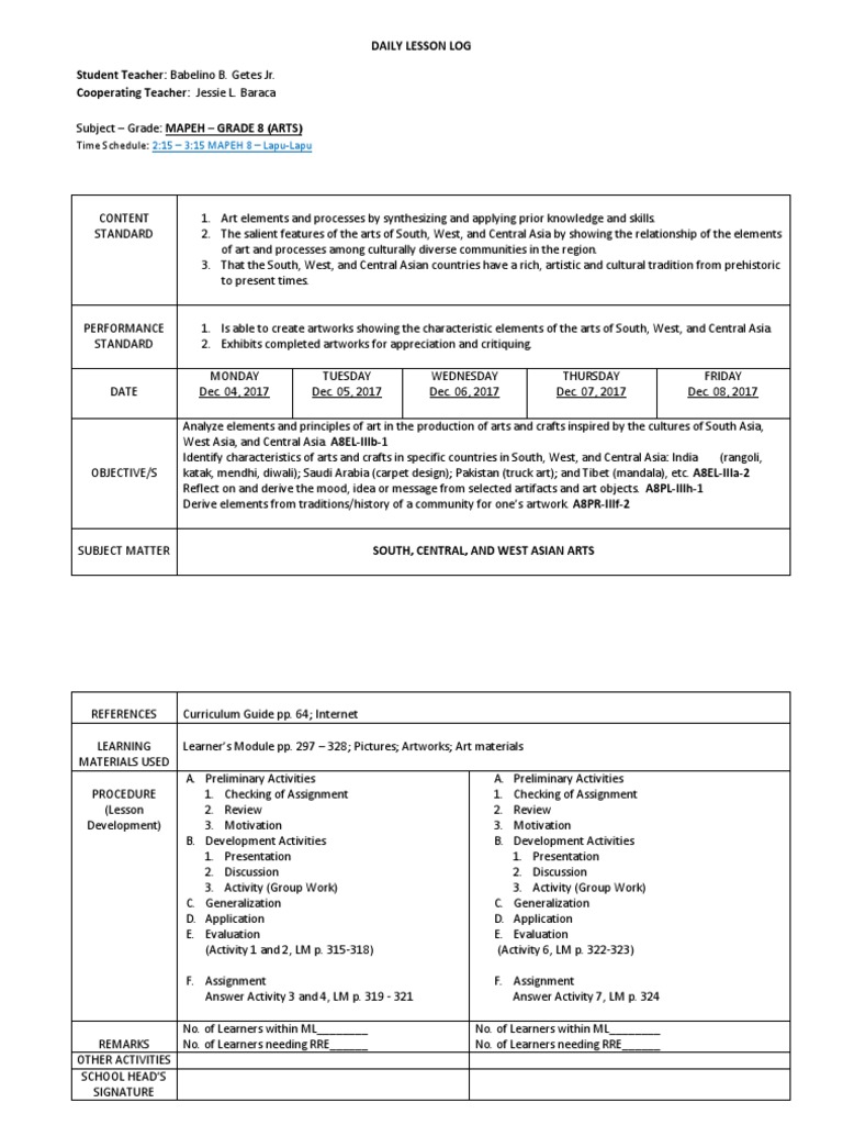 Lesson Plan in Arts 8 | Download Free PDF | Lesson Plan | Behavior ...