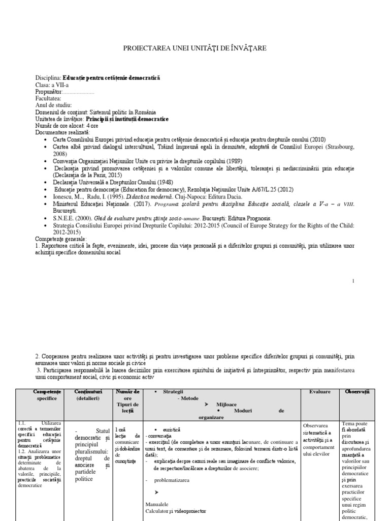 Proiectarea Unei Unitati de Invatare | PDF