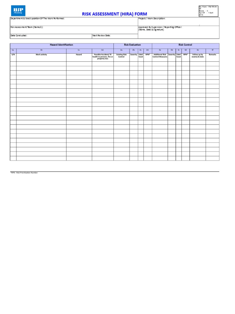 Risk Assessment (Hira) Form: Hazard Identification Risk Evaluation Risk ...