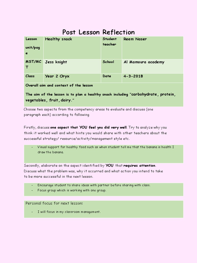 Post Lesson Reflection: Healthy Snack Reem Naser | PDF | Applied ...