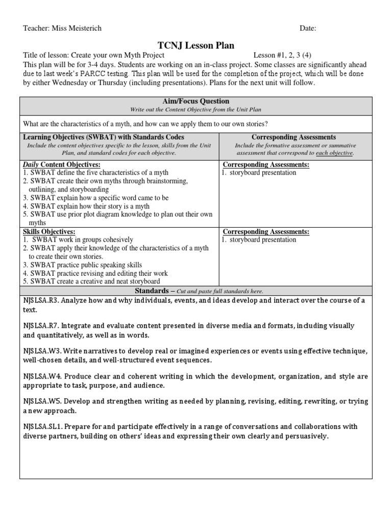 Create Your Own Myth Lesson Plan | PDF | Educational Assessment ...