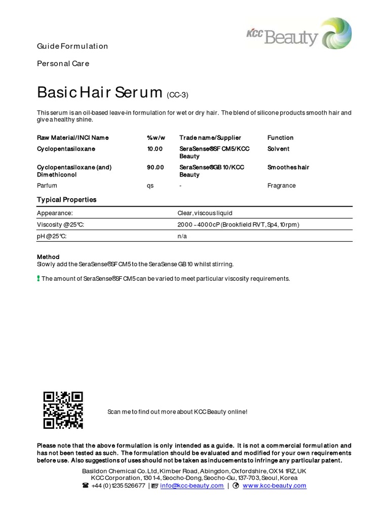Basic Hair Serum: Guide Formulation Personal Care | PDF