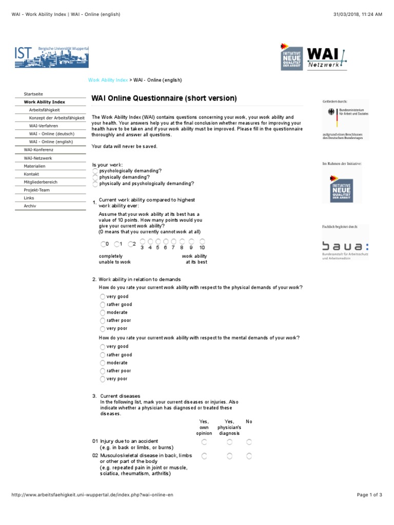 WAI - Work Ability Index | WAI - Online (english) | Questionnaire ...