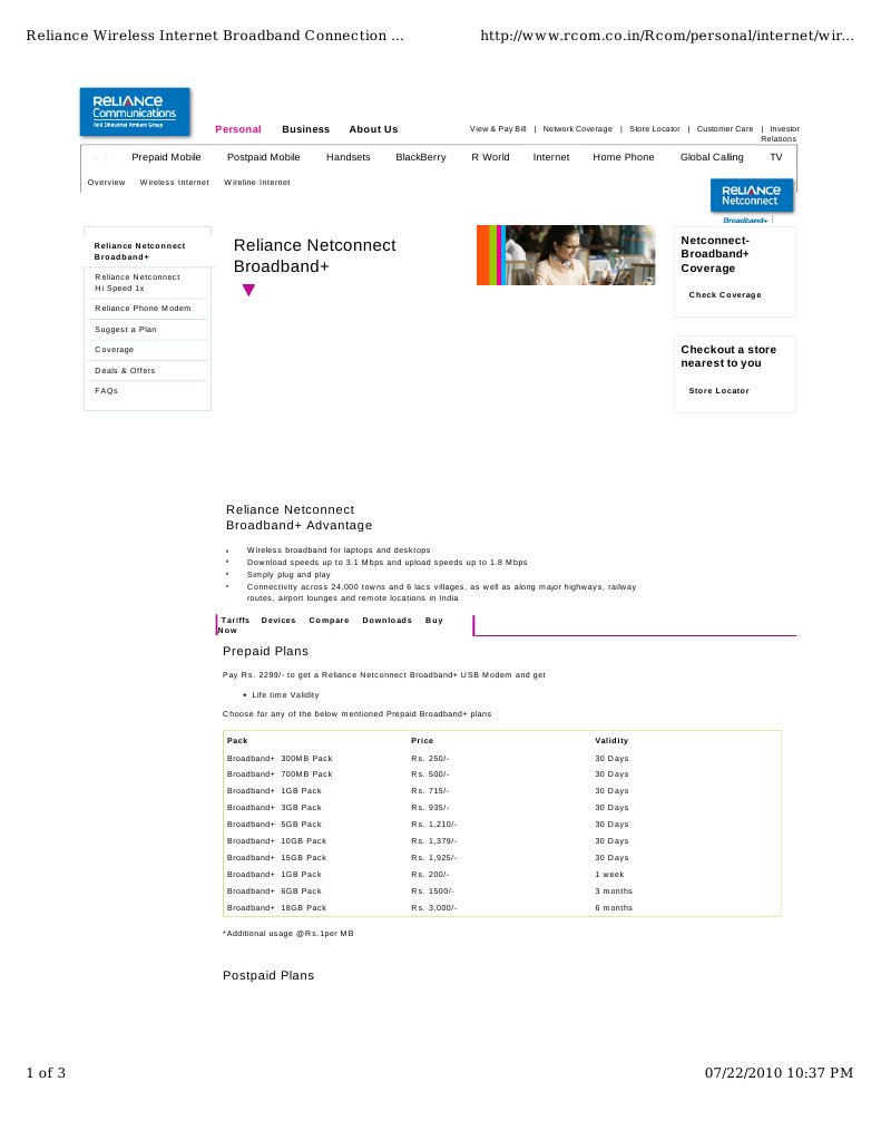 Reliance Netconnect Broadband+ | PDF | Internet Access | Roaming