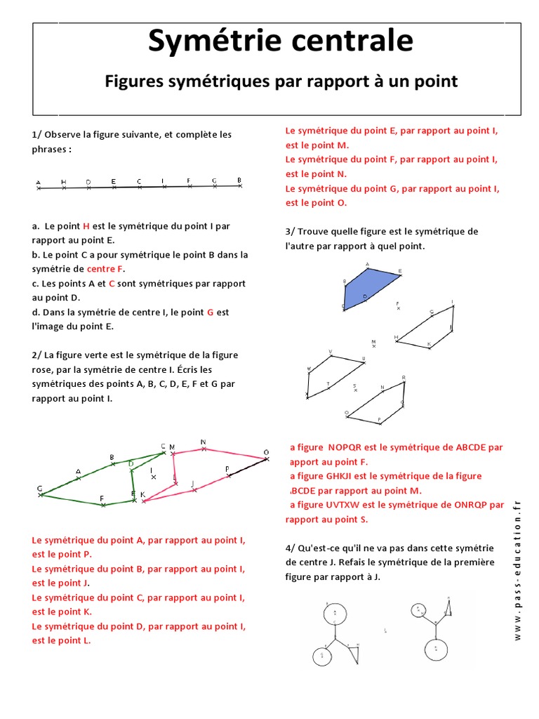 Correction Figures Symétriques Par Rapport À Un Point - Symétrie Centrale - 5ème Exercices ...