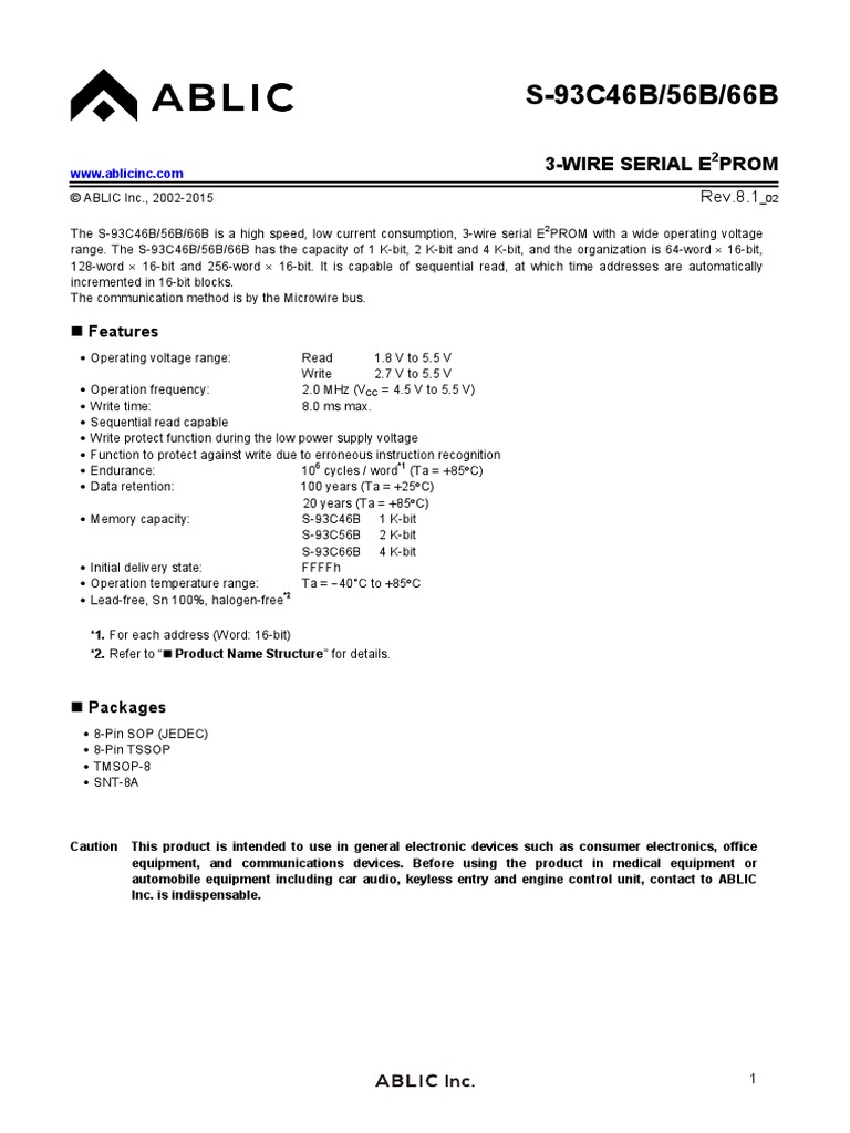 S-93C46B/56B/66B: 3-Wire Serial E Prom | PDF | Input/Output | Central Processing Unit