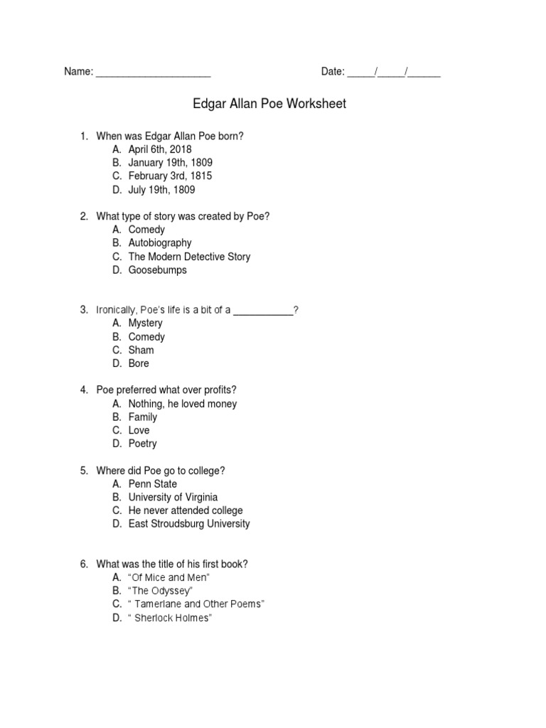 Worksheet Edgar Allan Poe | PDF