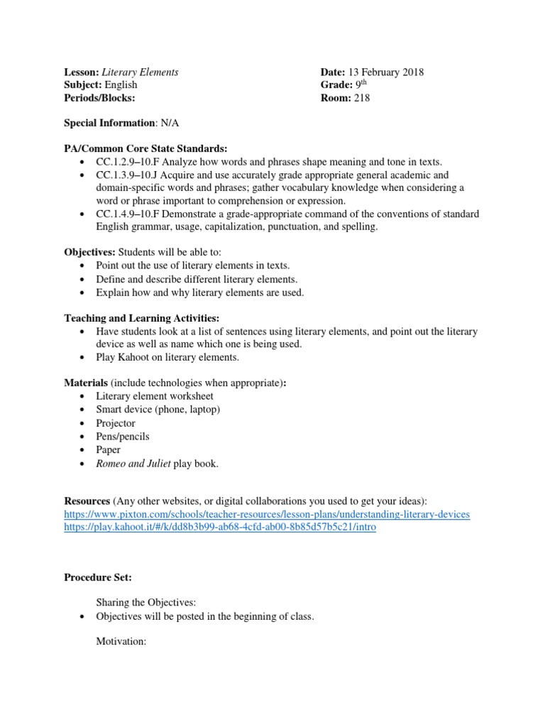 Literary Elements Lesson Plan for Grade 9 | PDF | English Language ...