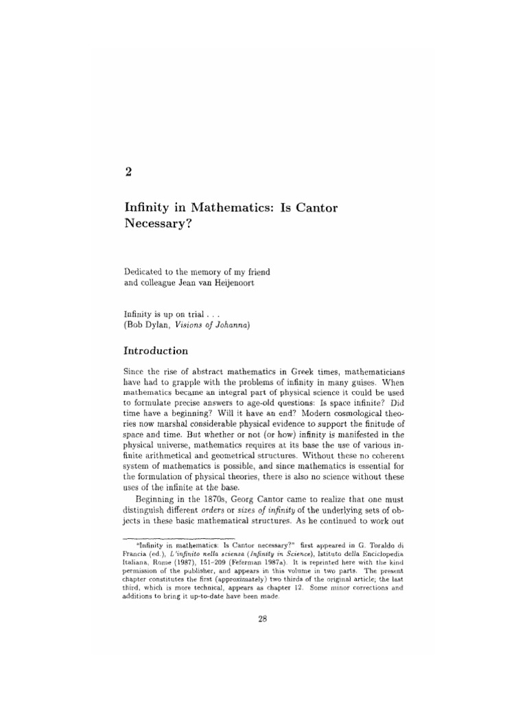 Feferman - Infinity in Mathematics - Is Cantor Necessary | PDF