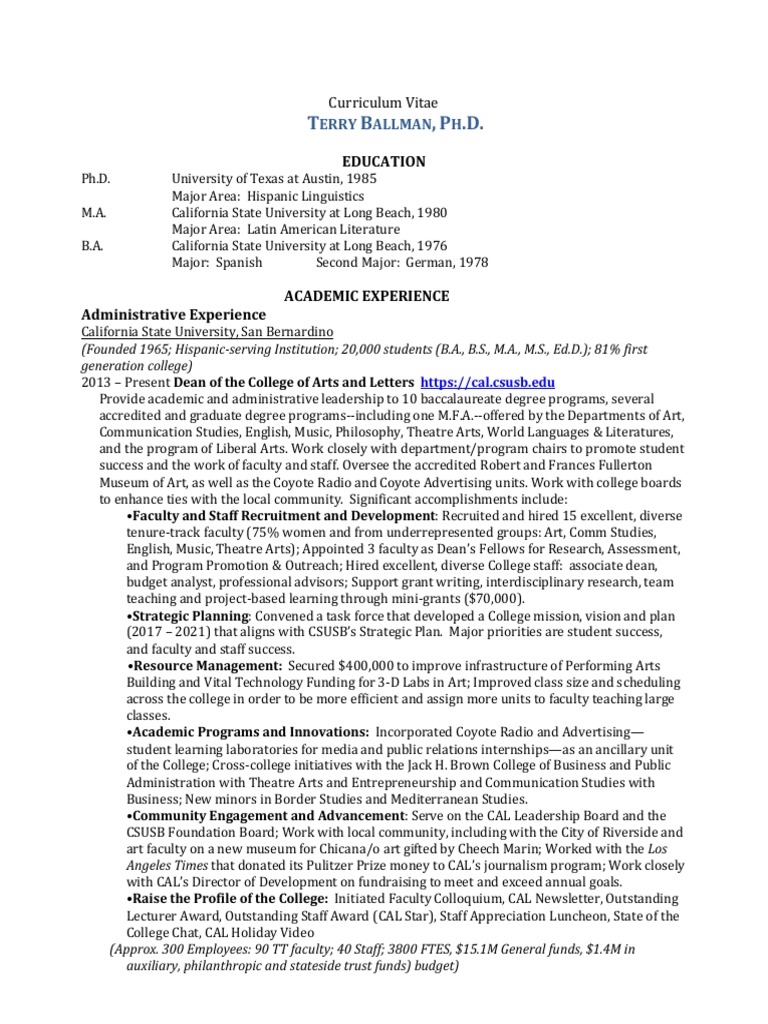 Terry Ballman: Academic Leadership CV | PDF | Provost (Education ...