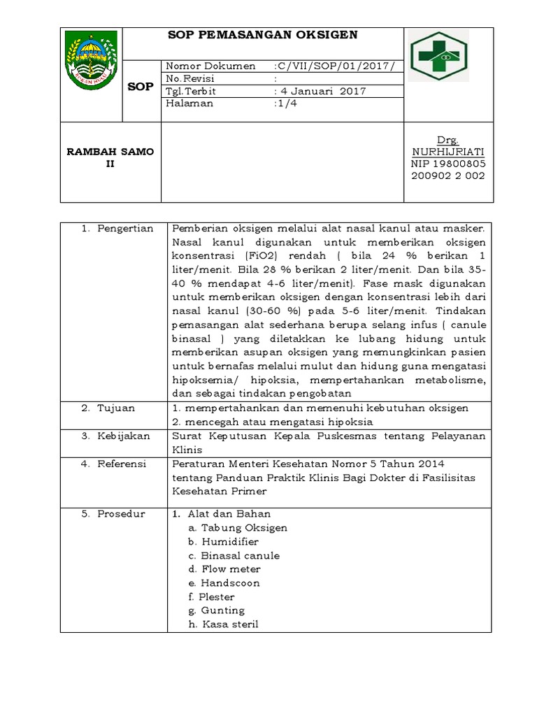 Sop Pemasangan Oksigen | PDF