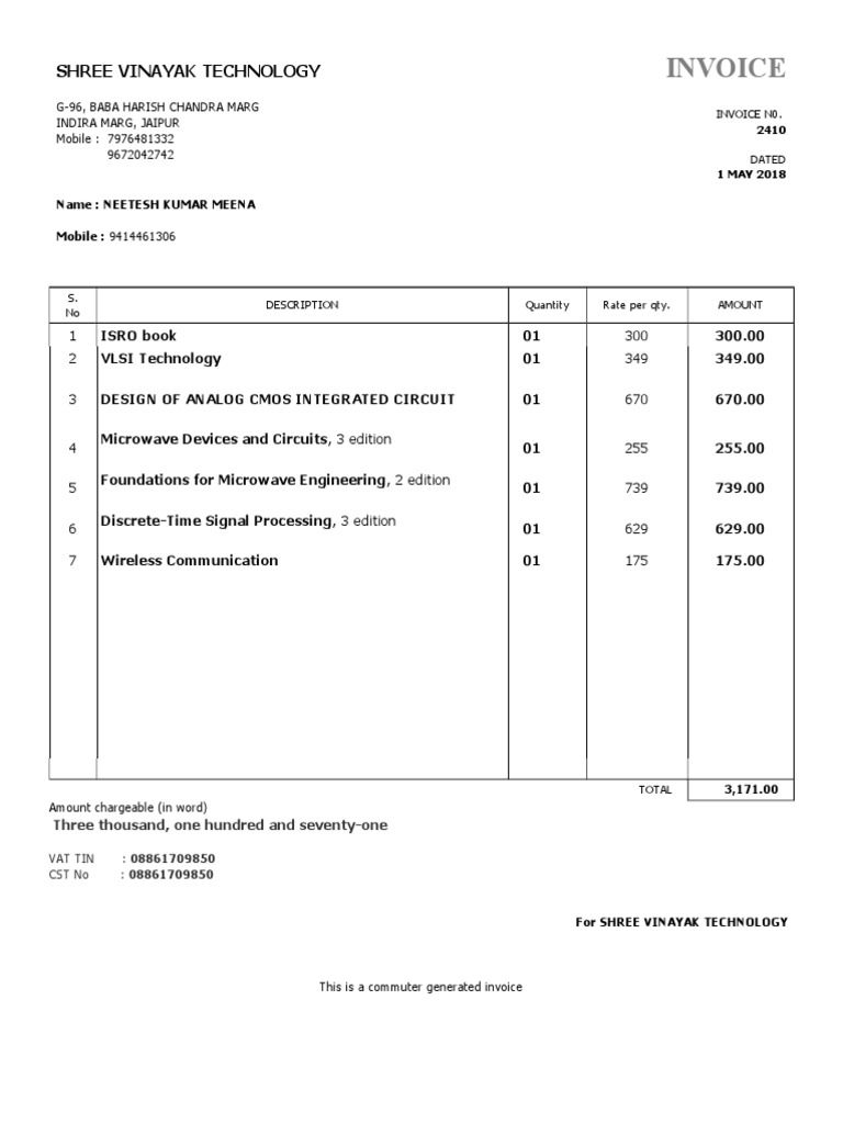 Invoice: Shree Vinayak Technology | PDF