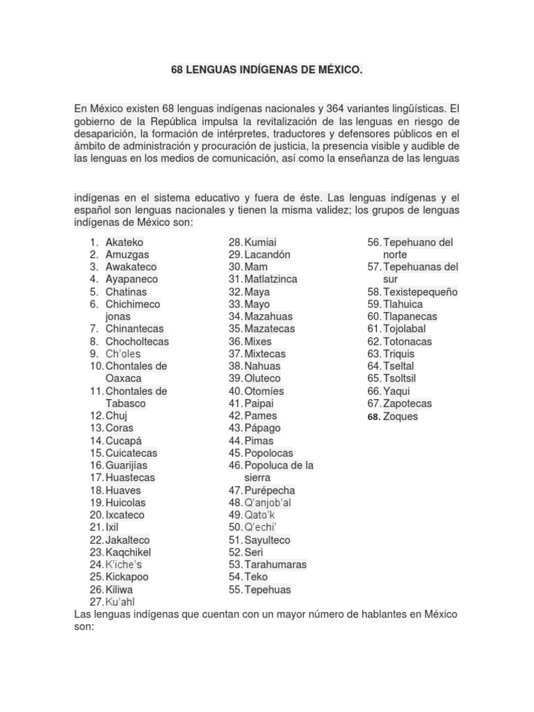 68 Lenguas Indígenas de México | PDF | América del Norte | México