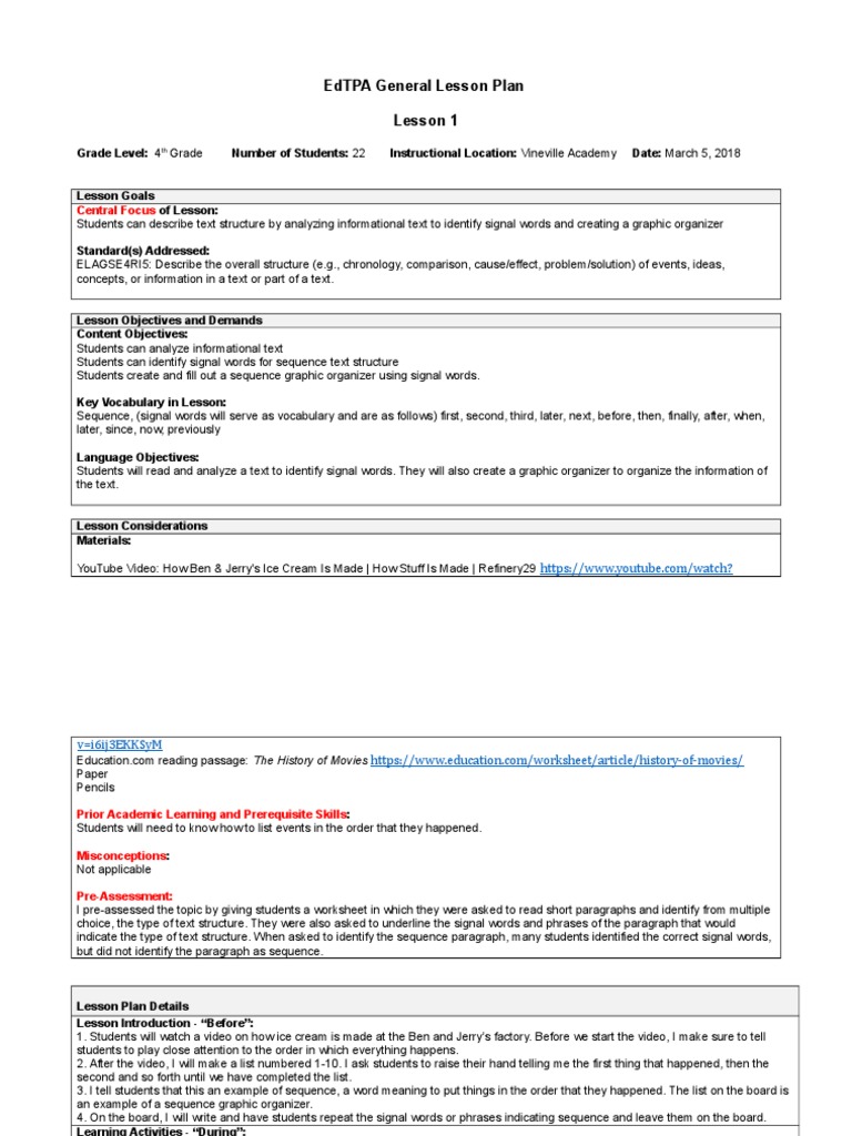 Edtpa General Lesson Plan Lesson 1: Central Focus | PDF | Lesson Plan ...