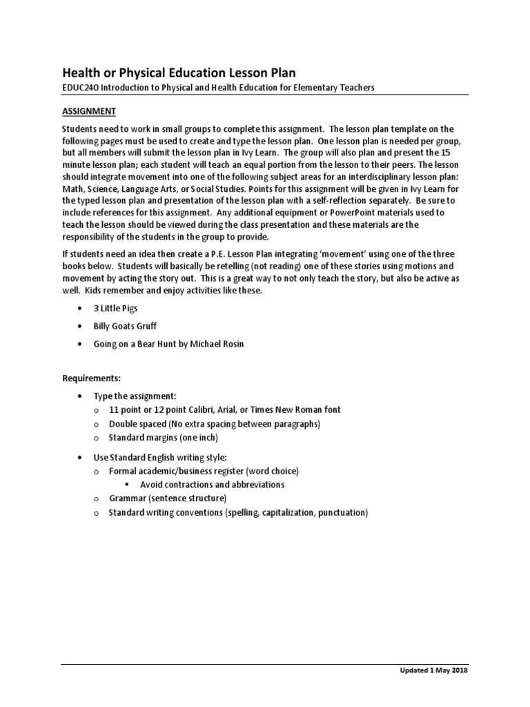 Health or Physical Education Lesson Plan: Assignment | PDF | Lesson ...
