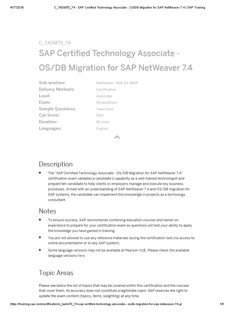 C Tadm70 74 Sap Certified Technology Associate Os Db Migration For Sap Netweaver 7 4