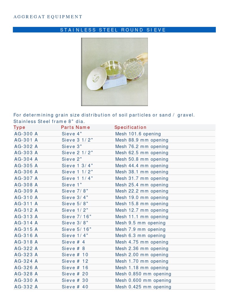 AG-3XX Stainless Steel Round Sieve | PDF | Sand | Natural Materials
